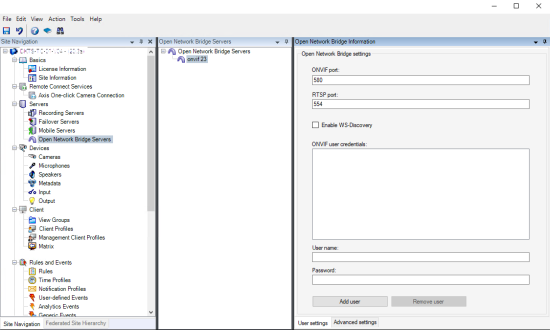 Milestone Open Network Bridge settings