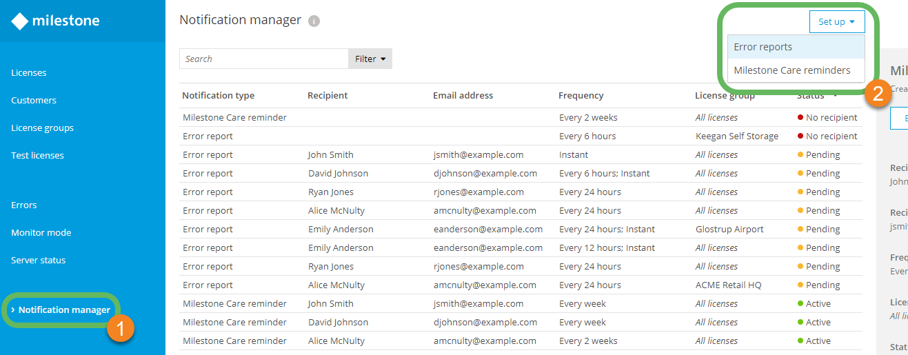 Set up error reports in Milestone Customer Dashboard