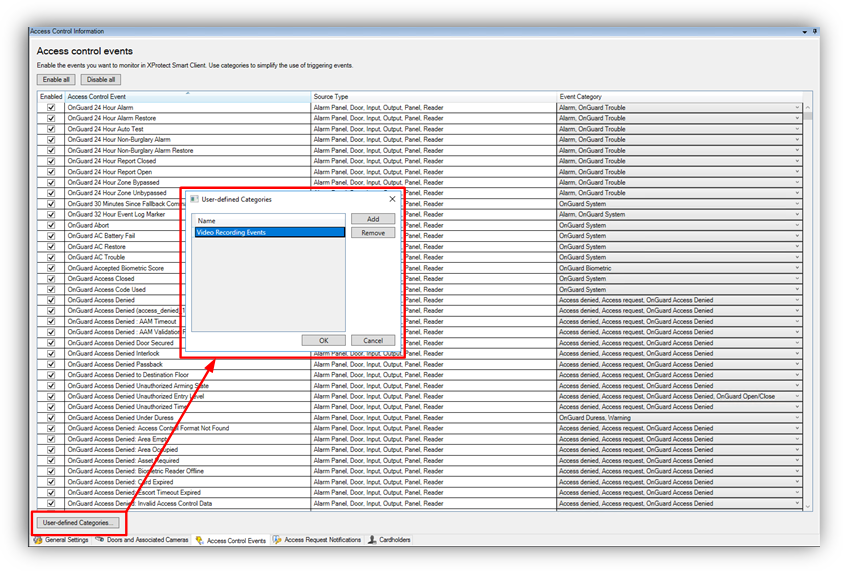 Access control event categories
