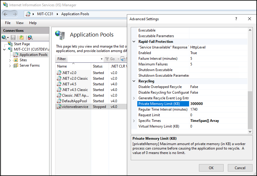 Configure IIS Process Private Memory Limit
