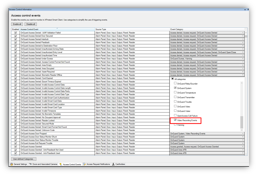 Access control event categories